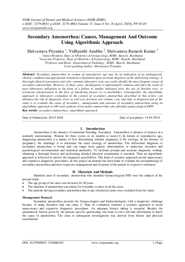 (PDF) Secondary Amenorrhea: Causes, Management And Outcome Using ...