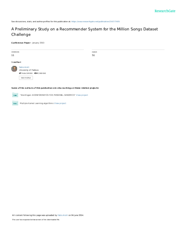 (PDF) A Preliminary Study on a Recommender System for the Million Songs ...