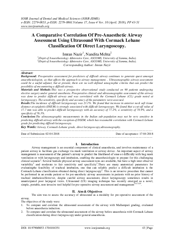 (PDF) A Comparative Correlation Of Pre-Anaesthetic Airway Assessment ...