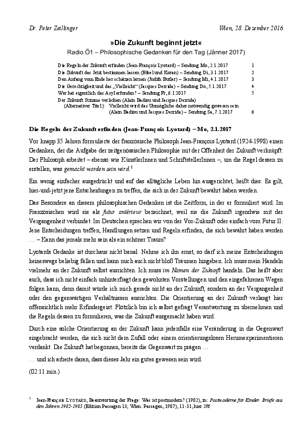 (PDF) »Die Zukunft beginnt jetzt« - Radio Ö1: Philosophische Gedanken für den Tag (Jänner 2017 ...