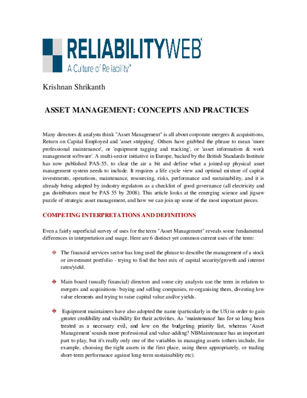 (DOC) Krishnan Shrikanth ASSET MANAGEMENT: CONCEPTS AND PRACTICES