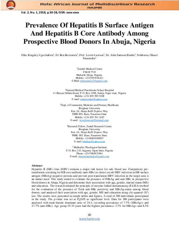 (PDF) Prevalence Of Hepatitis B Surface Antigen And Hepatitis B Core ...