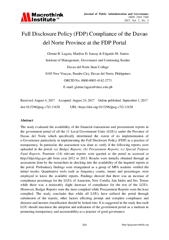 (PDF) Full Disclosure Policy (FDP) Compliance of the Davao del Norte ...