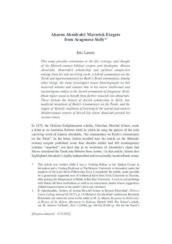 (PDF) Eric Lawee, “Aaron Aboulrabi: Maverick Exegete from Aragonese ...
