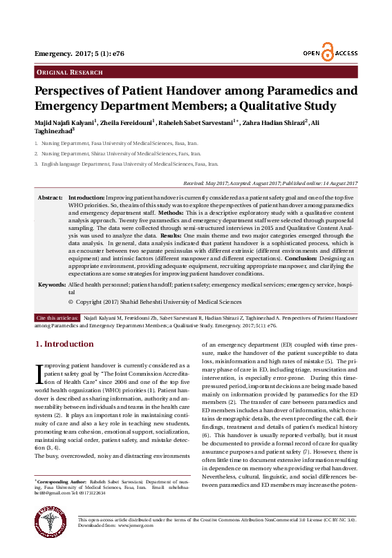 (PDF) Perspectives of Patient Handover among Paramedics and Emergency Department Members; a ...