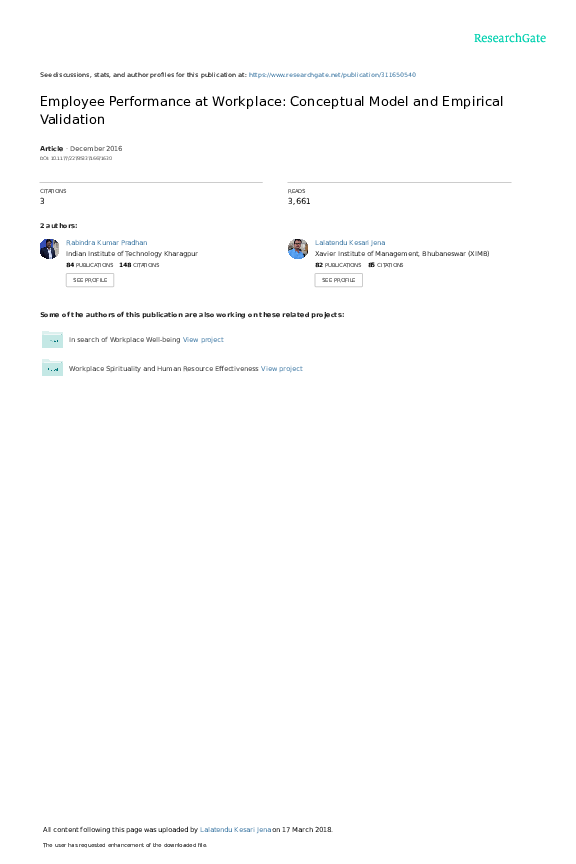 (PDF) Employee Performance at Workplace: Conceptual Model and Empirical ...