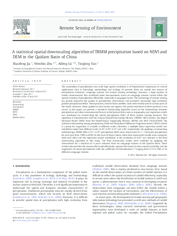 (PDF) A statistical spatial downscaling algorithm of TRMM precipitation based on NDVI and DEM in ...