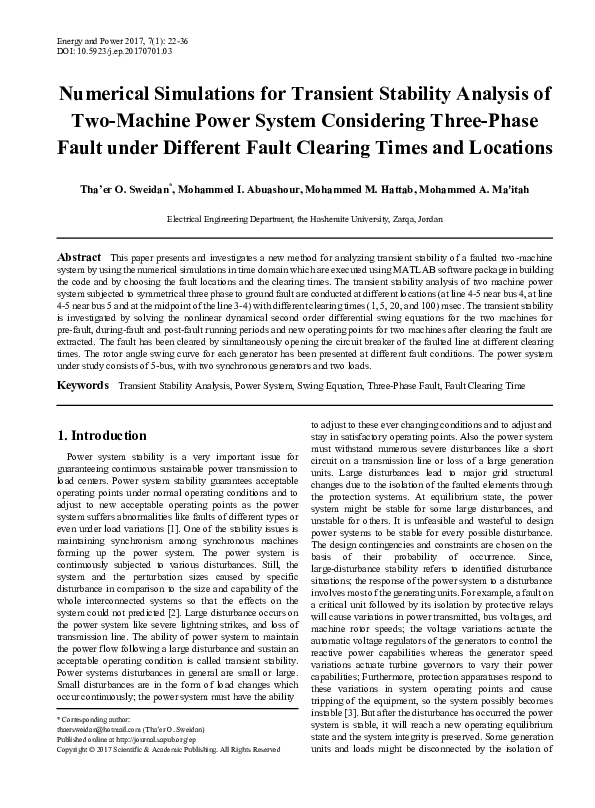 (PDF) Numerical Simulations for Transient Stability Analysis of Two ...