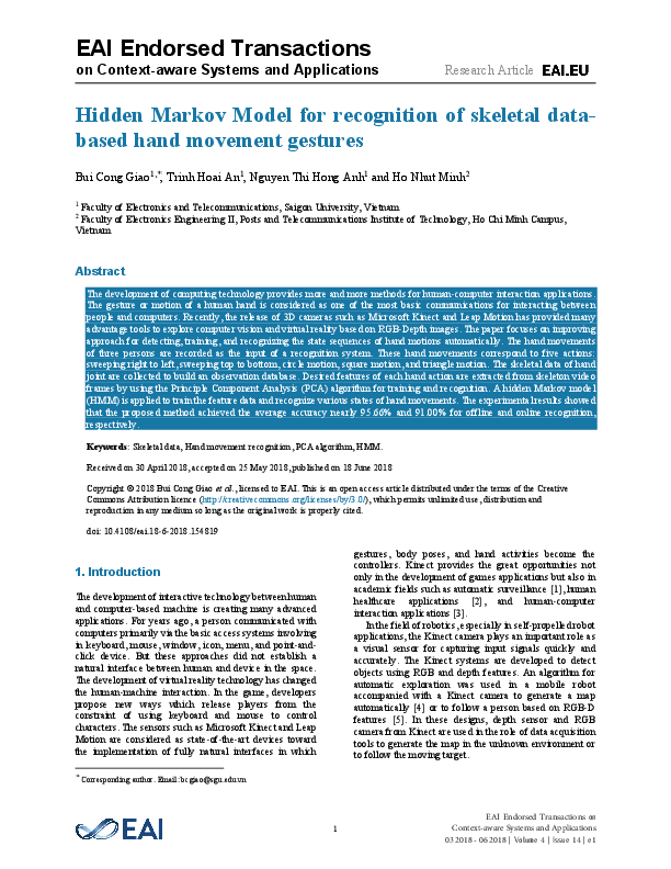 Pdf Hidden Markov Model For Recognition Of Skeletal Data Based Hand