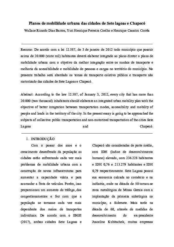 (PDF) Planos de mobilidade urbana das cidades de Sete lagoas e Chapecó