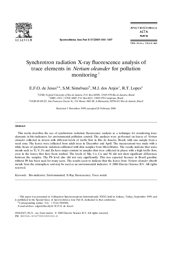 (PDF) Synchrotron radiation X-ray fluorescence analysis of trace elements in Nerium oleander for ...