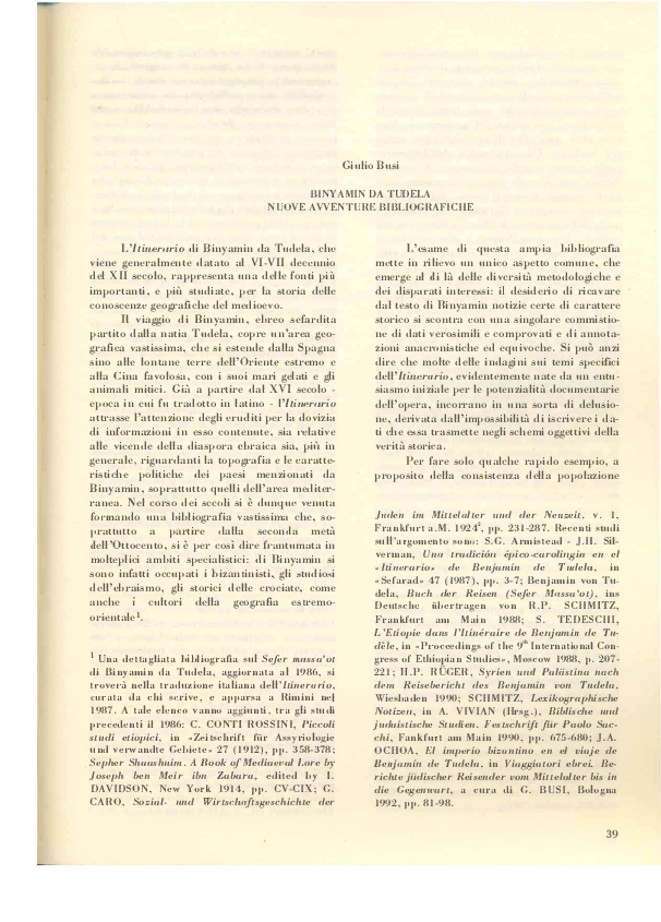 (PDF) Giulio Busi, BINYAMIN DA TUDELA: NUOVE AVVENTURE BIBLIOGRAFICHE ...