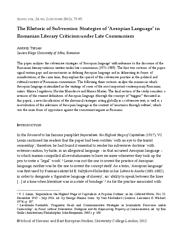 (PDF) The Rhetoric of Subversion: Strategies of ‘Aesopian Language’ in ...