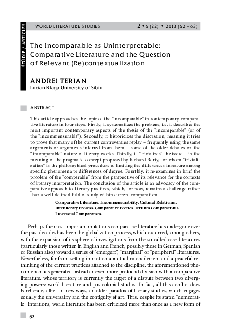 (PDF) The Incomparable as Uninterpretable: Comparative Literature and ...