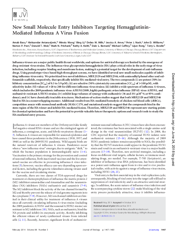 (PDF) New Small Molecule Entry Inhibitors Targeting Hemagglutinin ...