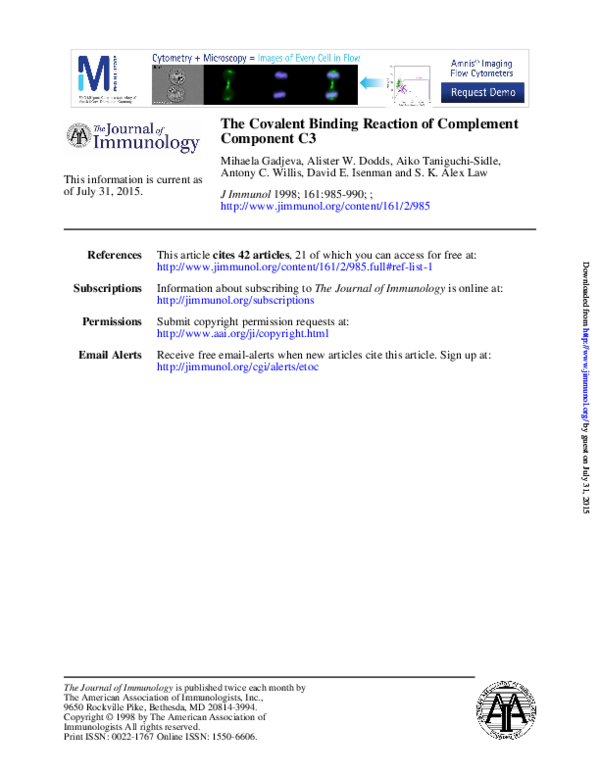 (PDF) Complement Component C3 The Covalent Binding Reaction of | Alister W. Dodds - Academia.edu