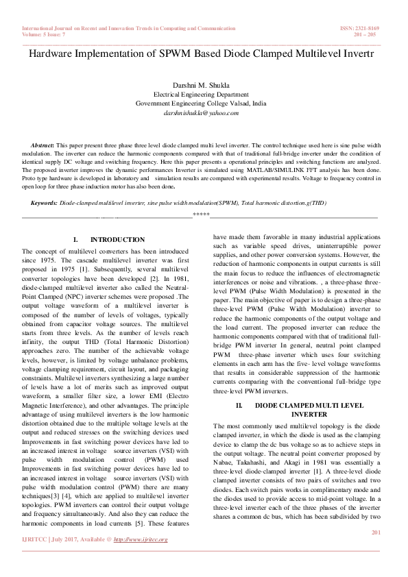 Pdf Hardware Implementation Of Spwm Based Diode Clamped Multilevel Invertr