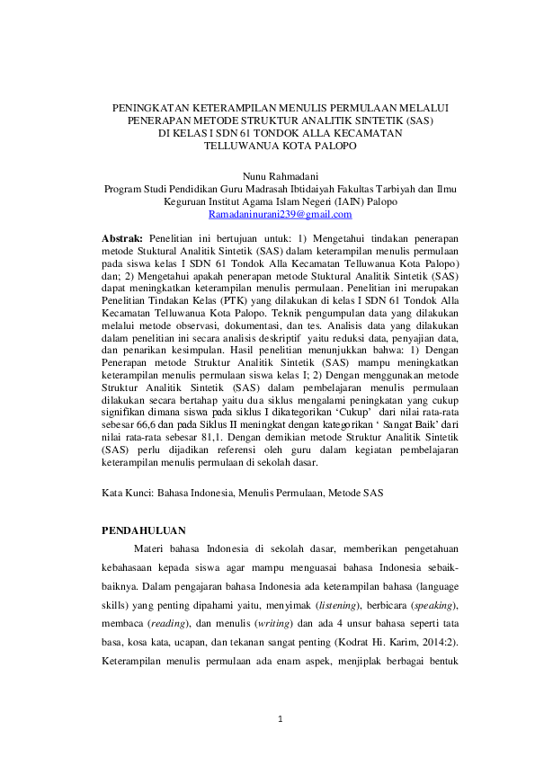 (DOC) PENINGKATAN KETERAMPILAN MENULIS PERMULAAN MELALUI PENERAPAN METODE STRUKTUR ANALITIK ...