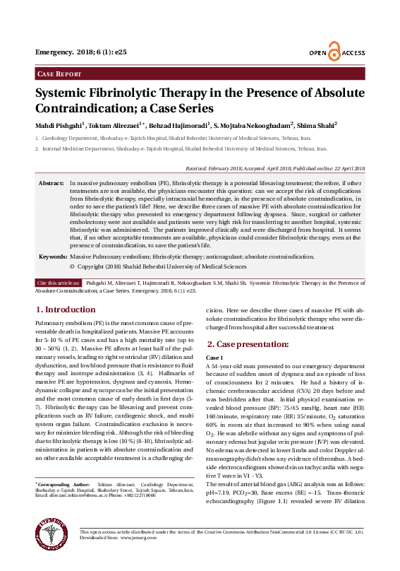 (PDF) Systemic Fibrinolytic Therapy in the Presence of Absolute ...