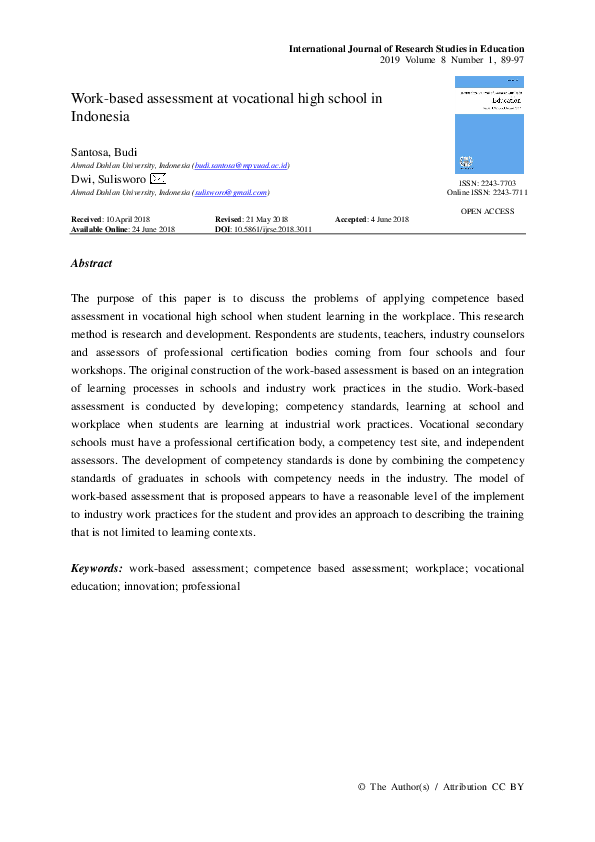Pdf Work Based Assessment At Vocational High School In Indonesia