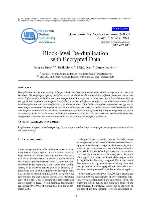 (PDF) Block-level de-duplication with encrypted data