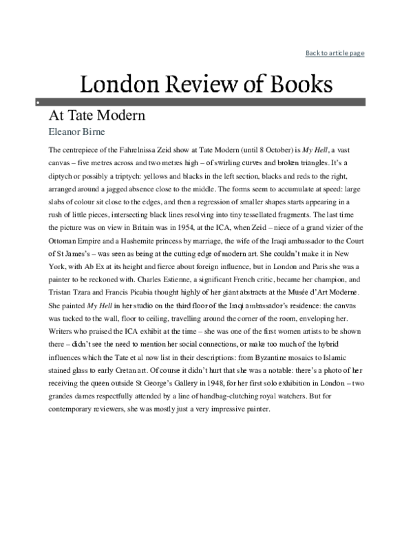 (PDF) "At Tate Modern." Review by Eleanor Birne of Fahrelnissa Zeid ...