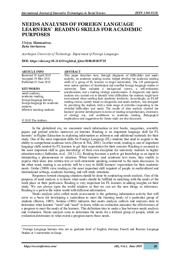 (PDF) NEEDS ANALYSIS OF FOREIGN LANGUAGE LEARNERS` READING SKILLS FOR ...