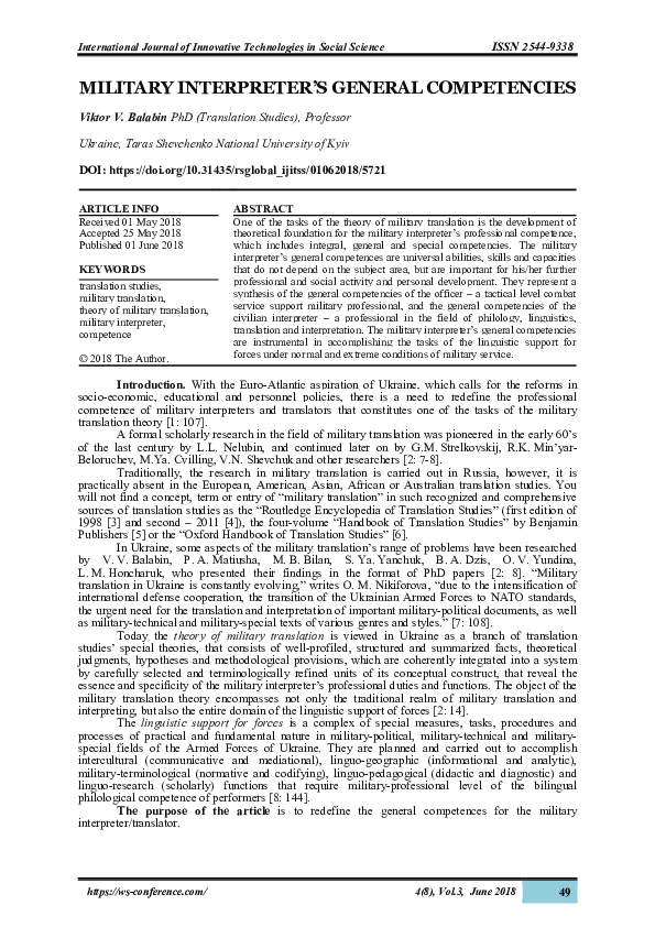 (PDF) MILITARY INTERPRETER’S GENERAL COMPETENCIES