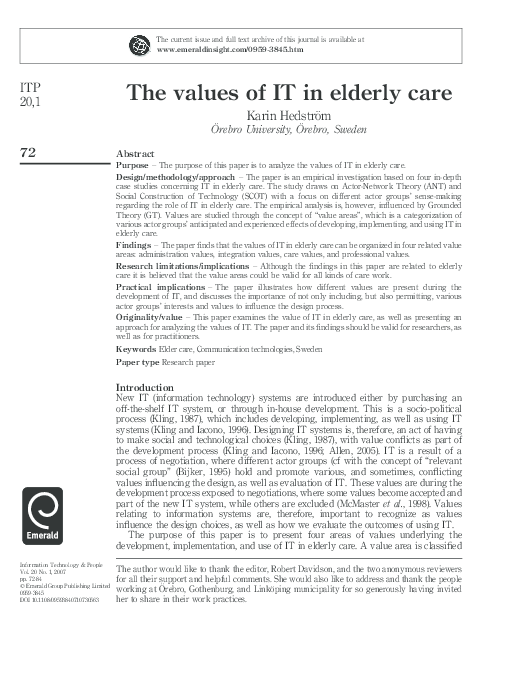(PDF) The values of IT in elderly care | Karin Hedström - Academia.edu