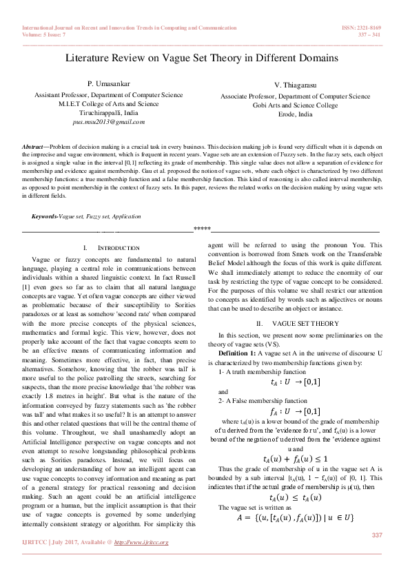 (PDF) Literature Review on Vague Set Theory in Different Domains