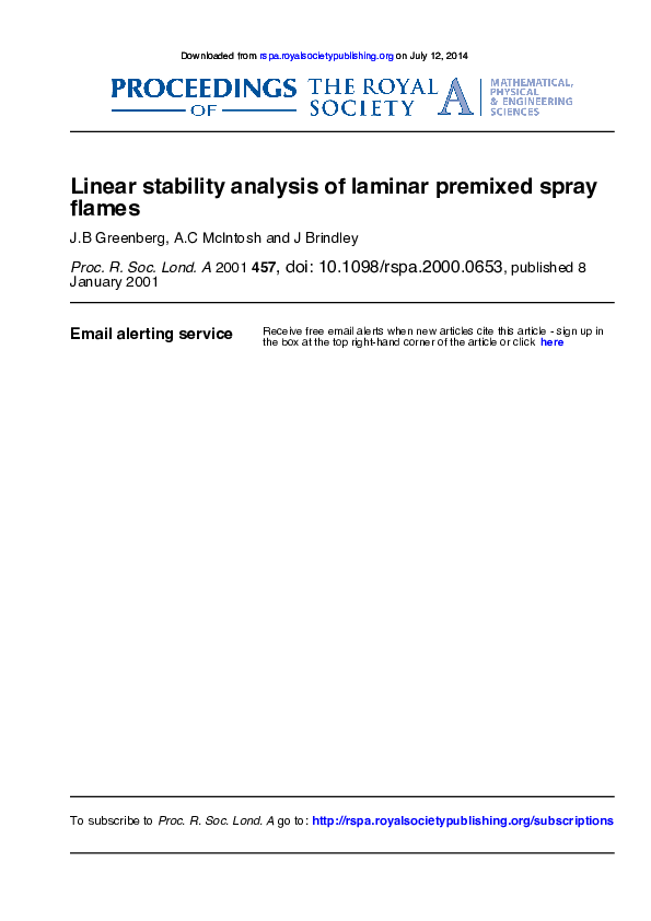 (PDF) flames Linear stability analysis of laminar premixed spray Email alerting service Linear ...