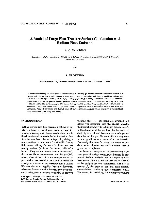 (PDF) A Model of Large Heat Transfer Surface Combustion with Radiant ...