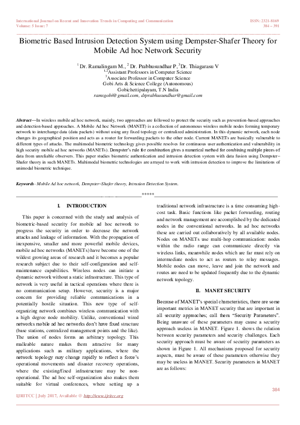 Pdf Biometric Based Intrusion Detection System Using Dempster Shafer Theory For Mobile Ad Hoc