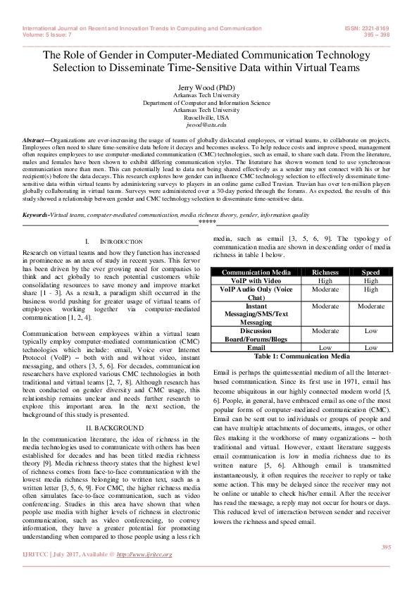 Pdf The Role Of Gender In Computer Mediated Communication Technology Selection To Disseminate