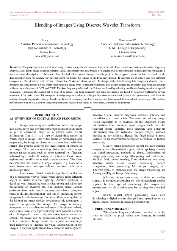 Pdf Blending Of Images Using Discrete Wavelet Transform