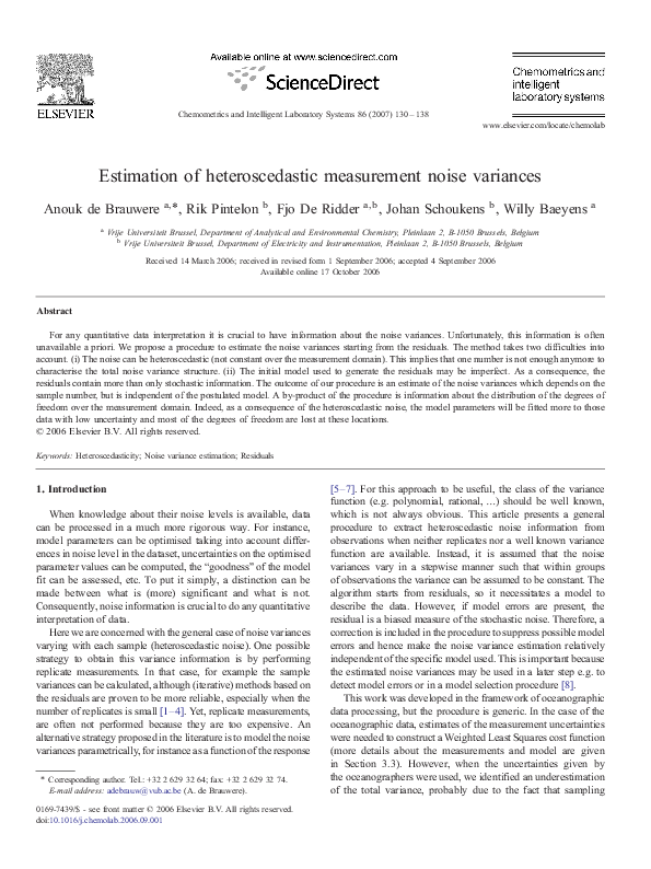 (PDF) Estimation of heteroscedastic measurement noise variances
