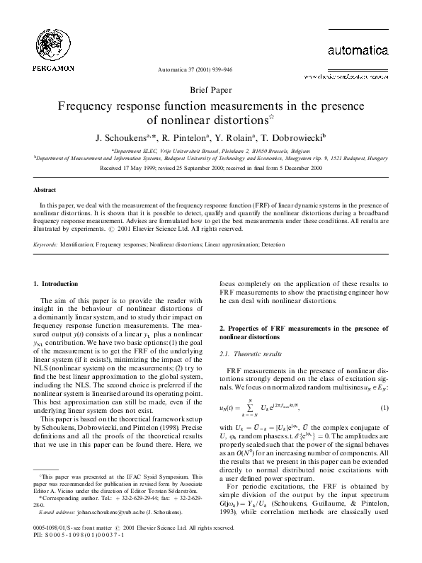 Pdf Frequency Response Function Measurements In The Presence Of Nonlinear Distortions Rik