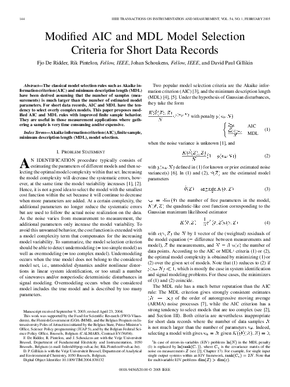 (PDF) Modified AIC and MDL Model Selection Criteria for Short Data Records