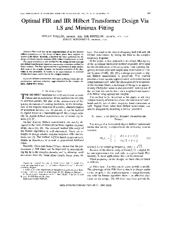 Pdf Optimal Fir And Iir Hilbert Transformer Design Via Ls And Minimax
