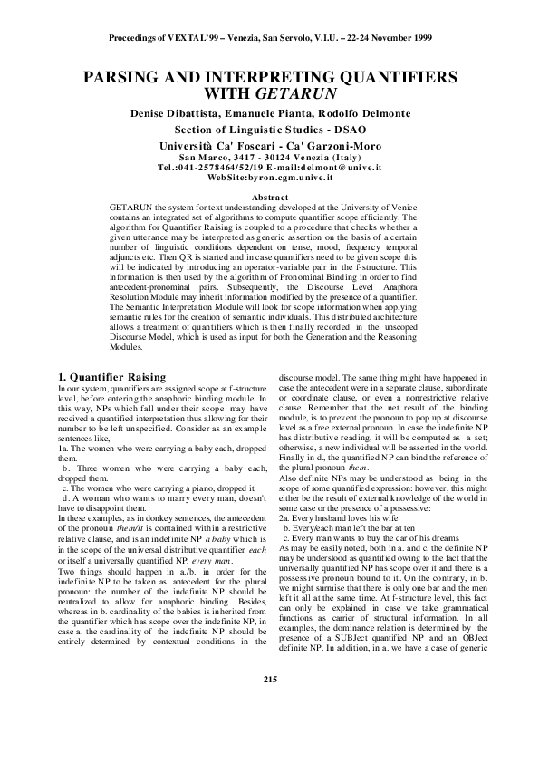 (PDF) Parsing and Interpreting Quantifiers with GETARUN