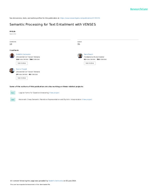 Pdf Semantic Processing For Text Entailment With Venses