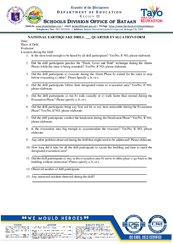 (DOC) NATIONAL EARTHQUAKE DRILL ___ QUARTER EVALUATION FORM