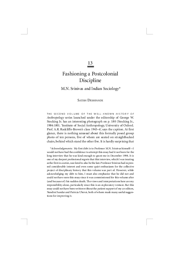 (PDF) Fashioning a Postcolonial Discipline: M.N. Srinivas and Indian ...