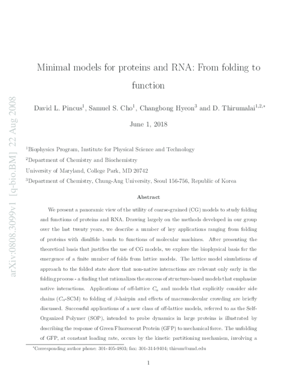 (PDF) Minimal models for proteins and RNA from folding to function