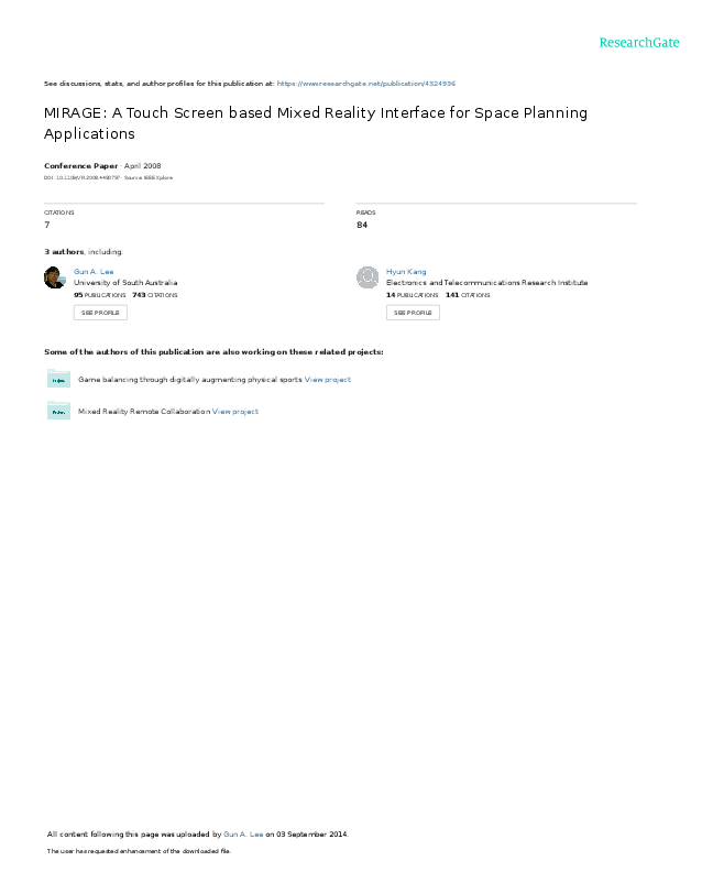 (PDF) MIRAGE: A Touch Screen based Mixed Reality Interface for Space Planning Applications