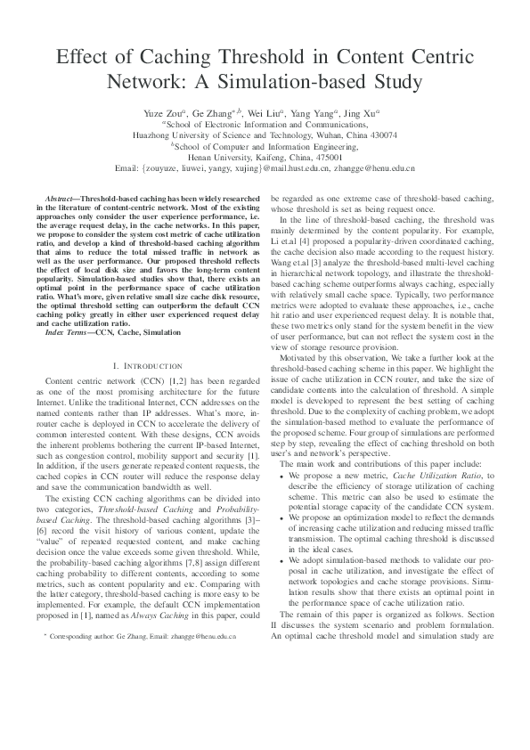 (PDF) Effect of Caching Threshold in Content Centric Network: A Simulation-based Study