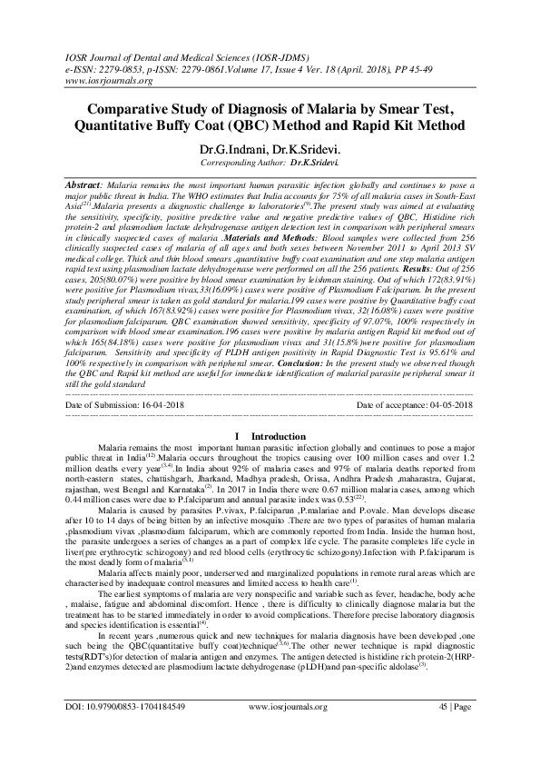 (PDF) Comparative Study of Diagnosis of Malaria by Smear Test ...