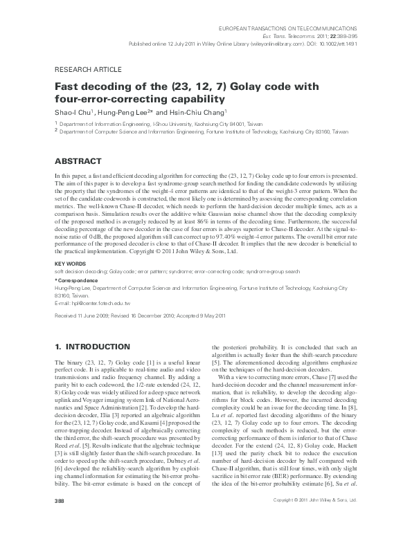 Pdf Fast Decoding Of The 23 12 7 Golay Code With Four Error Correcting Capability Shao I