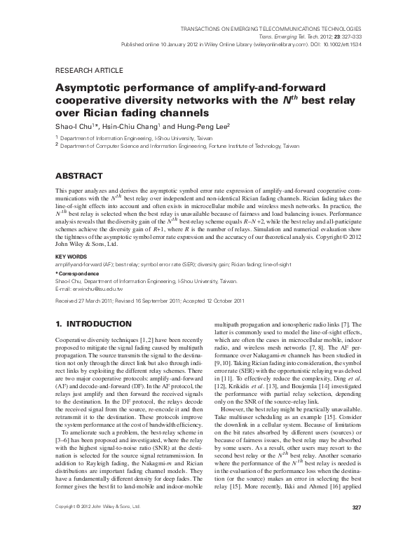 (PDF) Asymptotic performance of amplify-and-forward cooperative diversity networks with the Nth ...