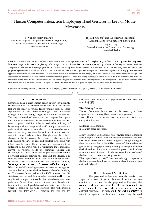 (PDF) Human Computer Interaction Employing Hand Gestures in Lieu of ...